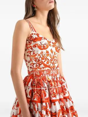 Dolce & Gabbana Maiolica Print Silk Sweetheart Neck Top - Multicolor