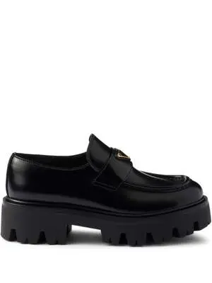Prada Black Leather Loafers With Enamel Triangle Logo - Multicolor