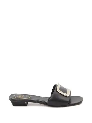 ROGER VIVIER Black Leather Metal Detail Square Toe Slides - Multicolor