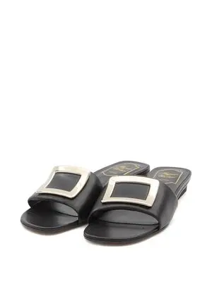 ROGER VIVIER Black Leather Metal Detail Square Toe Slides - Multicolor