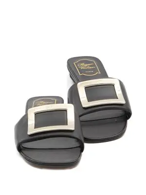 ROGER VIVIER Black Leather Metal Detail Square Toe Slides - Multicolor