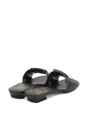 ROGER VIVIER Black Leather Metal Detail Square Toe Slides - Multicolor