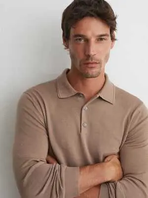REISS Trafford Merino Wool Long-sleeve Polo Shirt Camel Brown