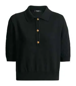 Balmain Merino Wool Openwork Crop Polo Shirt - Black