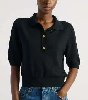 Balmain Merino Wool Openwork Crop Polo Shirt