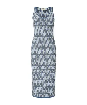 Fendi Monogrammed Sleeveless Ribbed Dress - Blue