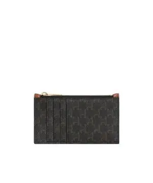 Celine Zipped Compact Card Holder In Triomphe Canvas And Lambskin - Black