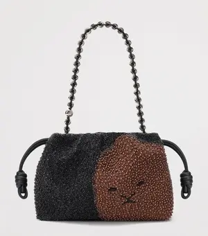Loewe Medium Beaded Lion Flamenco Clutch Bag - Black