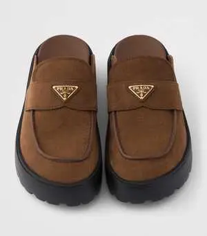 Prada Nubuck Leather Flatform Mules - Brown