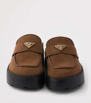 Prada Nubuck Leather Flatform Mules - Brown