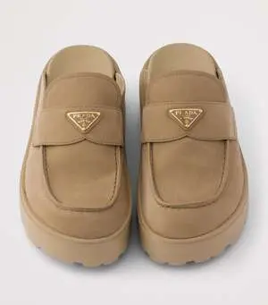 Prada Nubuck Leather Flatform Mules - Neutral