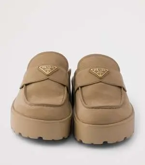 Prada Nubuck Leather Flatform Mules - Neutral
