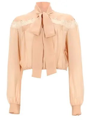 Saint Laurent Silk Georgette And Lace Lavallière Blouse - Nude