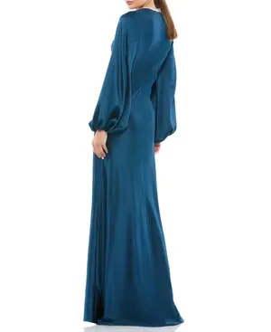 Mac Duggal Petite Beaded High Neck Bishop Sleeve Satin Gown - Sapphire