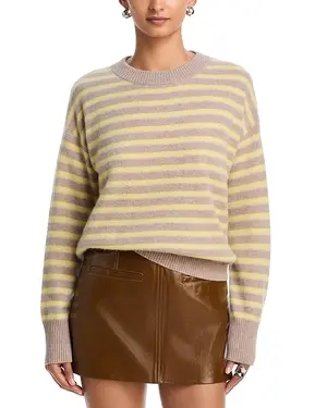 Aqua Cashmere Brushed Stripe Crewneck Sweater - Wheat Multi