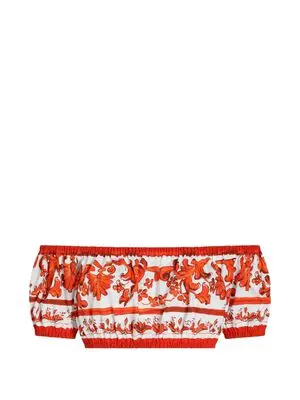Dolce & Gabbana DOLCE & GABBANA Maiolica Print Off-the-Shoulder Cotton Poplin Top Multicolor