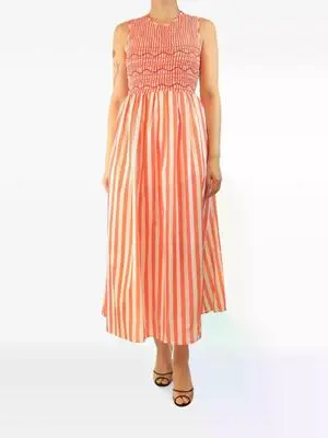 Loretta Caponi Smocked Striped Midi Dress - Orange