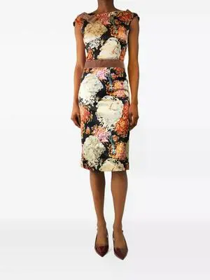 Dolce & Gabbana Floral Print Velvet Trim Midi Dress