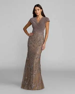 Mac Duggal Beige Jersey Wrap Top Floral Sequin Gown