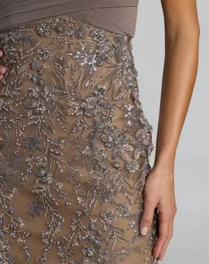 Mac Duggal Beige Jersey Wrap Top Floral Sequin Gown