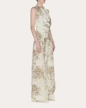 LIA COHEN Floral Linen Pleated Wide-leg Pants