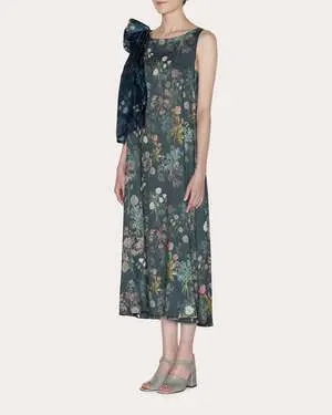 LIA COHEN Emotion Floral Crepe De Chine Bow A-line Dress - Blue