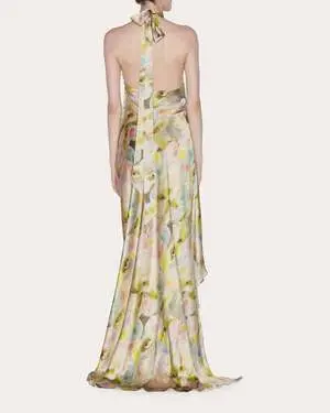 LIA COHEN Ethereal Floral Silk Draped Halter Gown