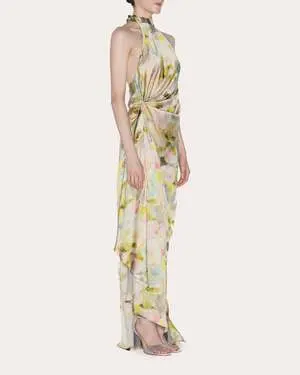 LIA COHEN Ethereal Floral Silk Draped Halter Gown