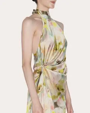 LIA COHEN Ethereal Floral Silk Draped Halter Gown