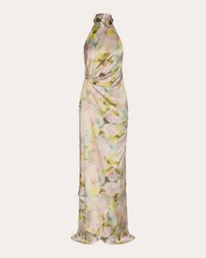 LIA COHEN Ethereal Floral Silk Draped Halter Gown