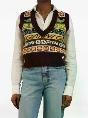 GANNI Burgundy Knit Smiley Face Vest