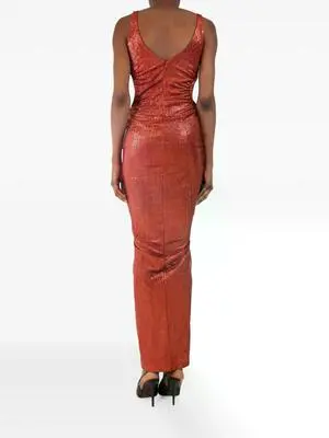 Galvan Orange Glittered Ruched V-neck Dress