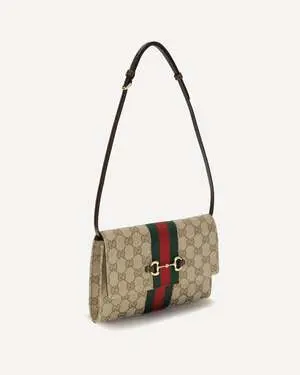 Gucci Horsebit Web Wallet With Shoulder Strap - Brown