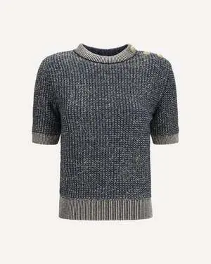Balmain Short-sleeve Sequined Sweater With Buttons - Blue