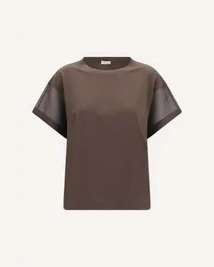 Brunello Cucinelli Cotton T-shirt With Sheer Sleeves And Side Panels - Brown