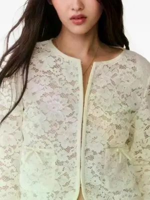 LoveShackFancy Ivory Lace Bow Detail Cropped Jacket