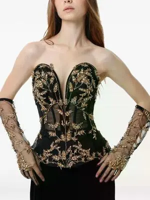DINA MELWANI Embroidered Corset Maxi Dress