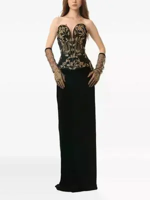 DINA MELWANI Embroidered Corset Maxi Dress