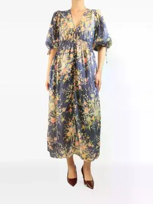Zimmermann Floral Print Puff Sleeve Midi Dress