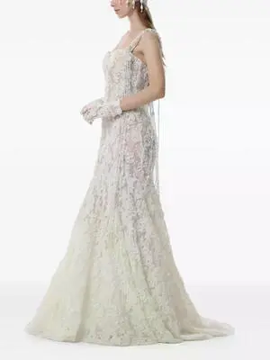 DINA MELWANI Pearl Embellished Lace Maxi Dress