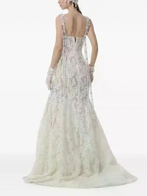 DINA MELWANI Pearl Embellished Lace Maxi Dress