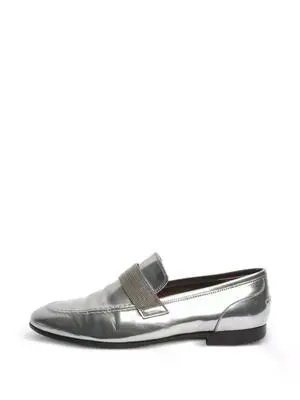 Brunello Cucinelli Metallic-effect Leather Loafers With Chain Strap - Silver