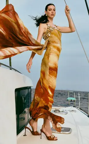 LA FUORI Saffron Sunset Embellished Silk Maxi Dress