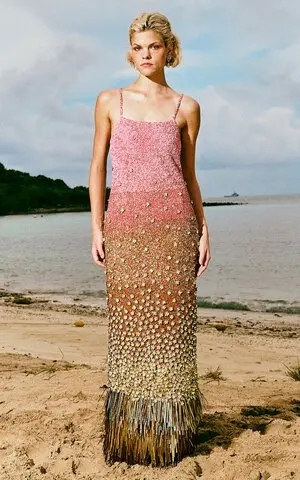 LA FUORI Pink Mirage Fringe Maxi Dress