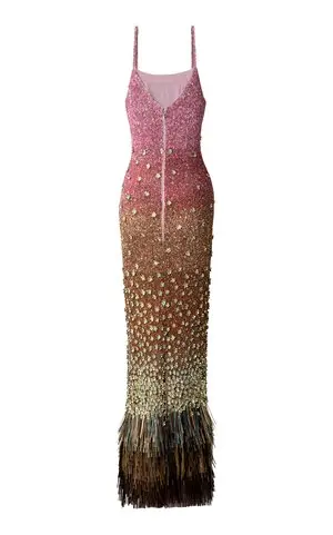 LA FUORI Pink Mirage Fringe Maxi Dress