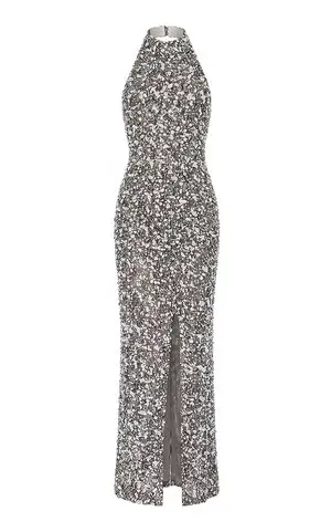 LA FUORI Isolde Embellished Halter Neck Maxi Dress - Grey