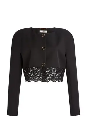 Chloé Lace-trimmed Wool Grain De Poudre Cropped Jacket - Black