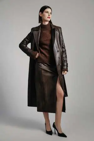Bardot Dante Vegan Leather Midi Skirt - Dark Choco