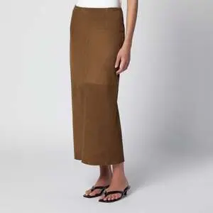 Nour Hammour Suede Maxi Skirt With Back Zip And Rear Slit - Brown