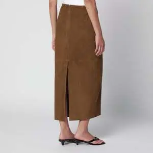 Nour Hammour Suede Maxi Skirt With Back Zip And Rear Slit - Brown